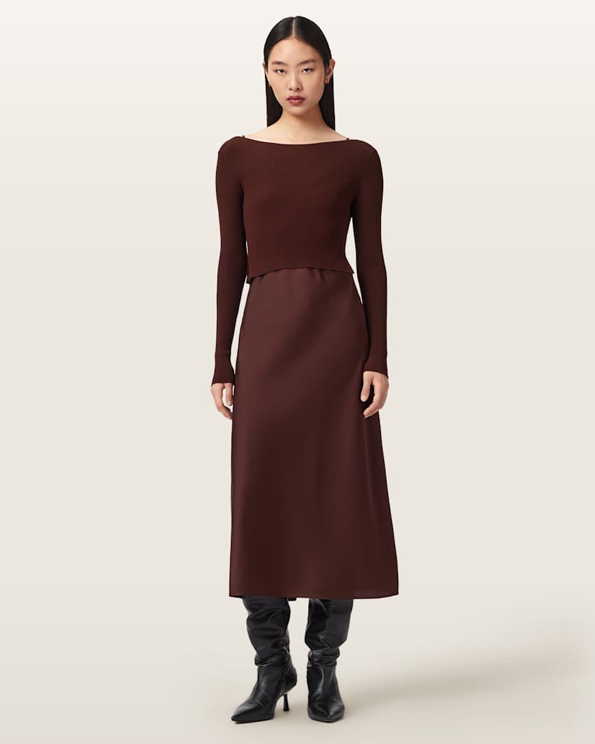 Hera 2-in-1 Midi Dress Bitter Brown | ALLSAINTS US